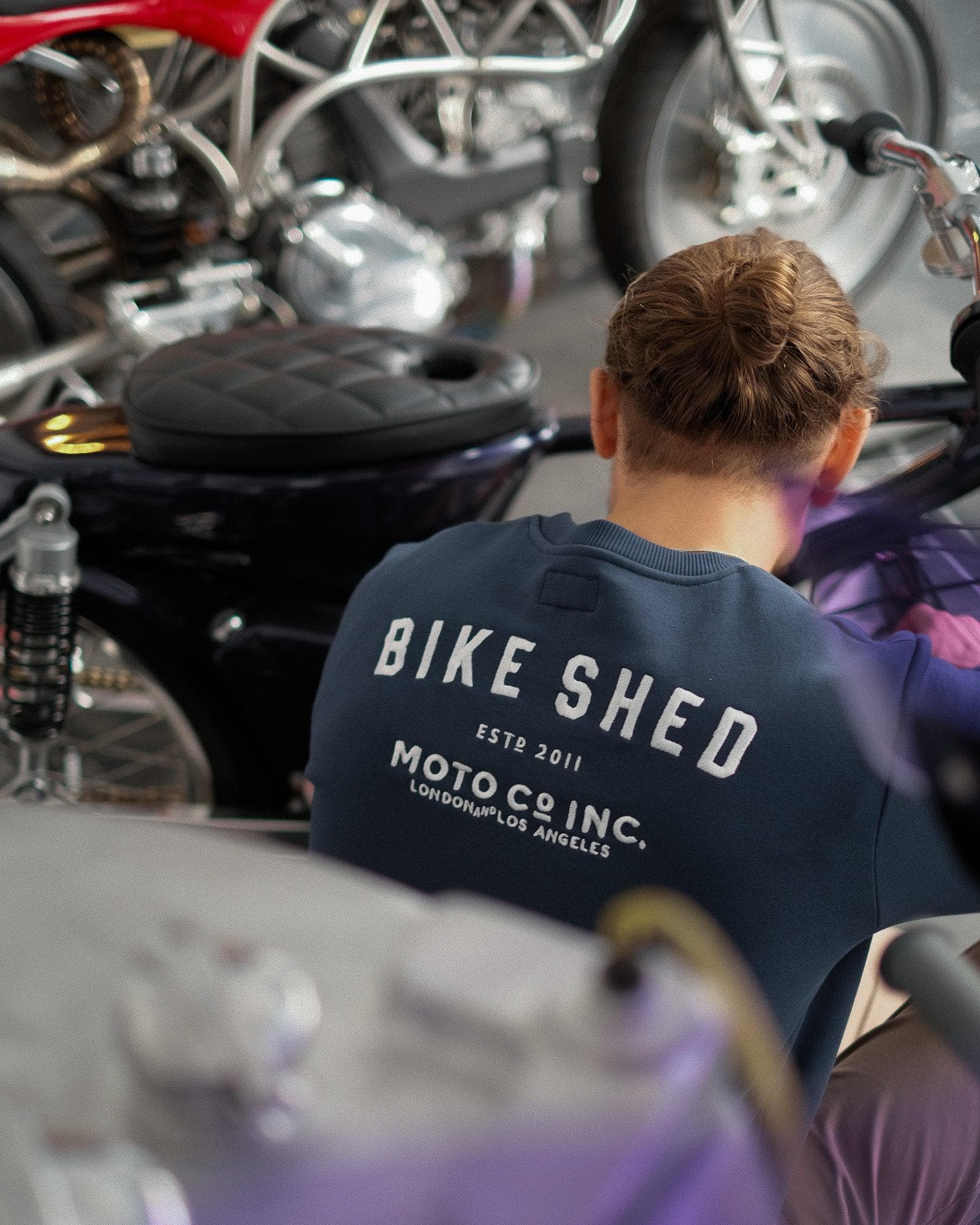 ESTD. Embroidered Cotton Motorcycle Sweatshirt Navy |Bike Shed Moto Co ...